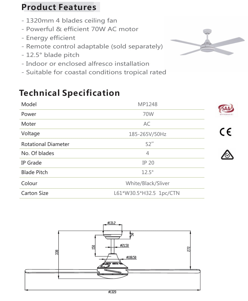 Coogee AC Ceiling Fan No Light - Black 4 Blade 52" (Copy) – Downlights ...